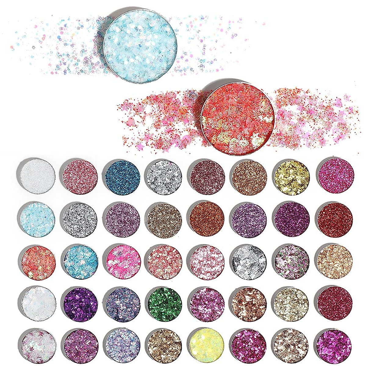 BERVEAL 40 Colors Glitter Sparkle Eyeshadow Palette Glitter Glue Pallete Eyeshadow Face Paint Glitter, White Silver Colorful Sparkly Eye Makeup