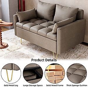 Assile Faux Leather Love Seats Couch, Modern Design with Button Tufted and Gold Metal Leg, Lift-Up Storage Box, Thickened Cushion Sofa in Dark Brown