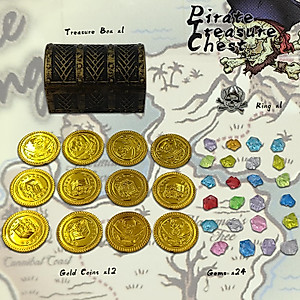 HOPELJ Kids Mini Pirate Treasure Chest Toy Kit - Plastic Small Pirate Chest Box with 12 Skull Gold Coins, 24 Gems, 1 Ring for Boys Girls Halloween Party Favor Pirate Costume Prop