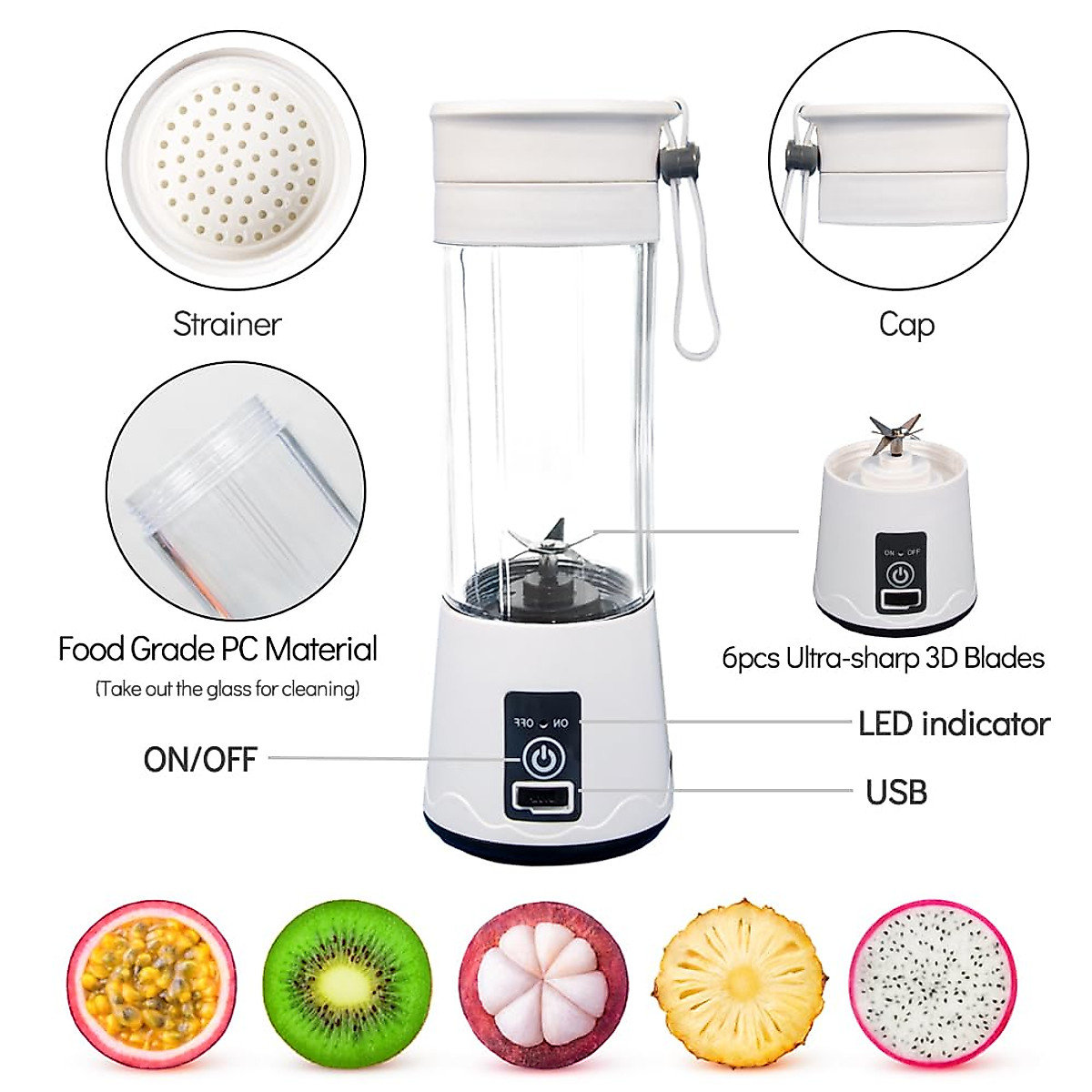 Portable Blender for Shakes and Smoothies Personal Small Drink Electric Blender Cup USB Rechargeable 380ml(13oz) and 6 Blades Shake Mixer Tarvel Mini Fresh Juice Blender Bottle with a Straw (black)