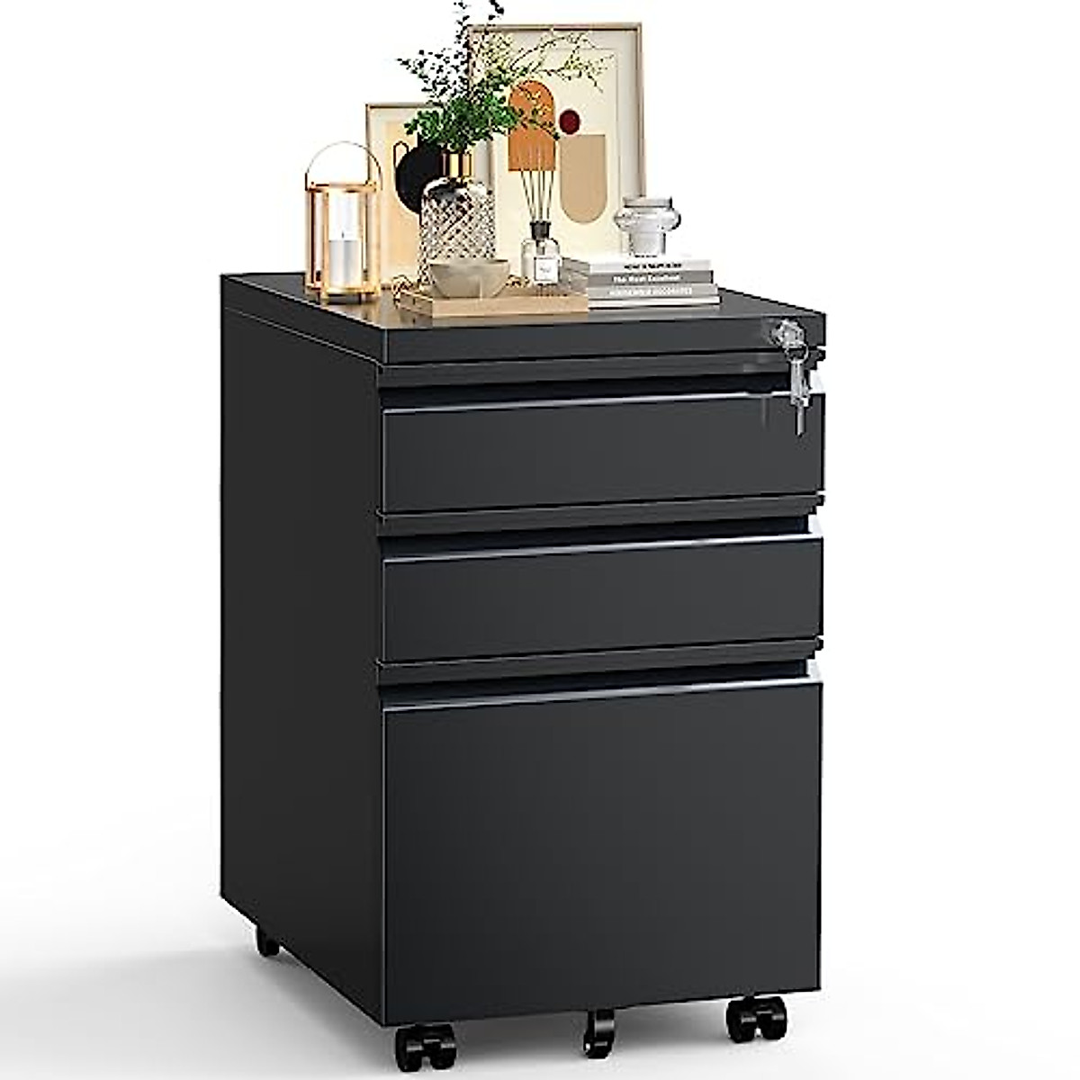 NEWBULIG 3 Drawer Metal Mobile File Cabinet Under Desk Storage with Lock and Wheels, Office Filling Box for Deposit Folder, Black