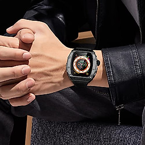 Luxury Case for Apple Watch Band 49mm, Rugged Bumper Metal Cover + Built-in Glass +Silicon Strap for Men's Heavy Duty iWatch Series Ultra 2 49mm Protective Case (49mm, Black)