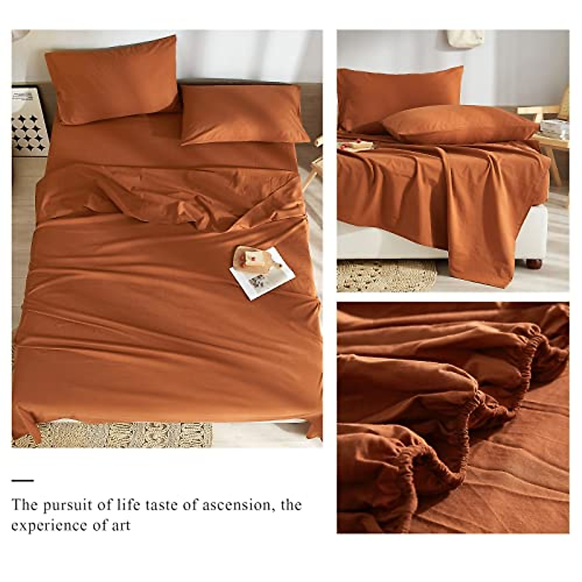 LifeTB Pumpkin Caramel Sheets Set Twin Size Bedding Sheets 100% Washed Microfiber Bed Sheets Deep Pocket 3 Pieces Sheets Breathable Cooling Bed Sheets - Easy Fit Rust Color Bedding Sheets