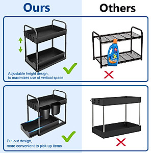 Under Sink Organizers and Storage, Adjustable Height Sliding Under Bathroom Cabinet Storage Organizer, 2 Tier Under Kitchen Sink Organizer with 4 Hooks, 4 Hanging Cup for Bathroom, Kitchen (Black)