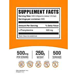 BulkSupplements.com L-Phenylalanine Powder - Phenylalanine Supplement, L-Phenylalanine 500mg - Amino Acids Supplement, Gluten Free, 500mg per Serving, 250g (8.8 oz) (Pack of 1)