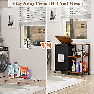 Furnulem Rolling Laundry Hamper with Wood Shelves, Lid & Wheels, Clothes Basket Hamper Organizer for Bathroom, Bedroom, Laundry Room