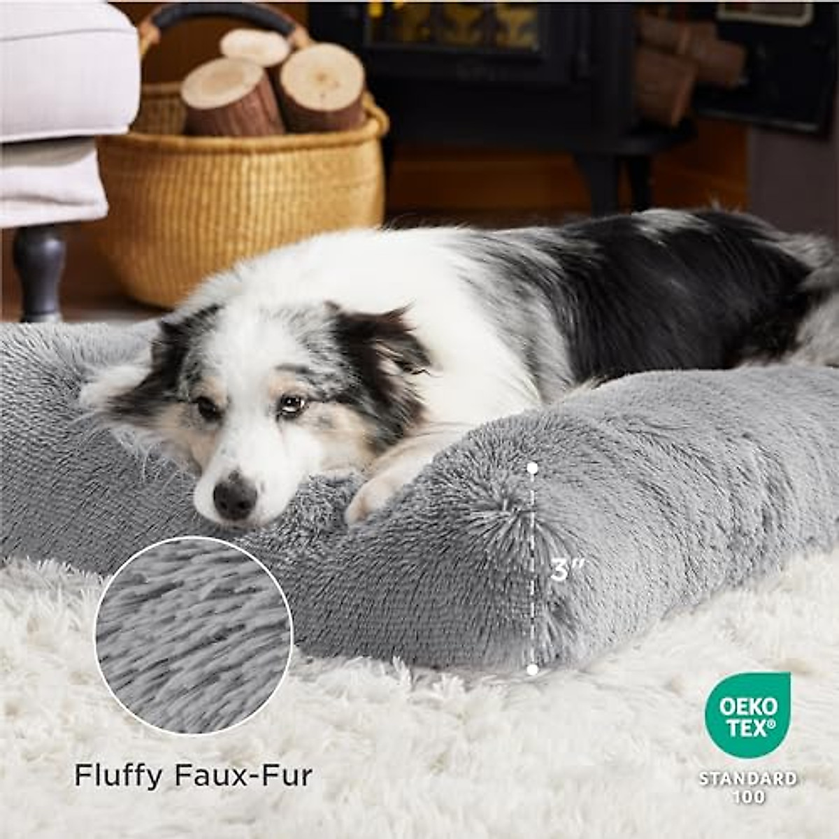 Bedsure Large Dog Bed Washable, Plush Calming Dog Crate Beds for Large Breed, Fulffy Dogs Sleeping Mat, Anti-Slip Pet Kennel Pad, 35" x 23", Grey
