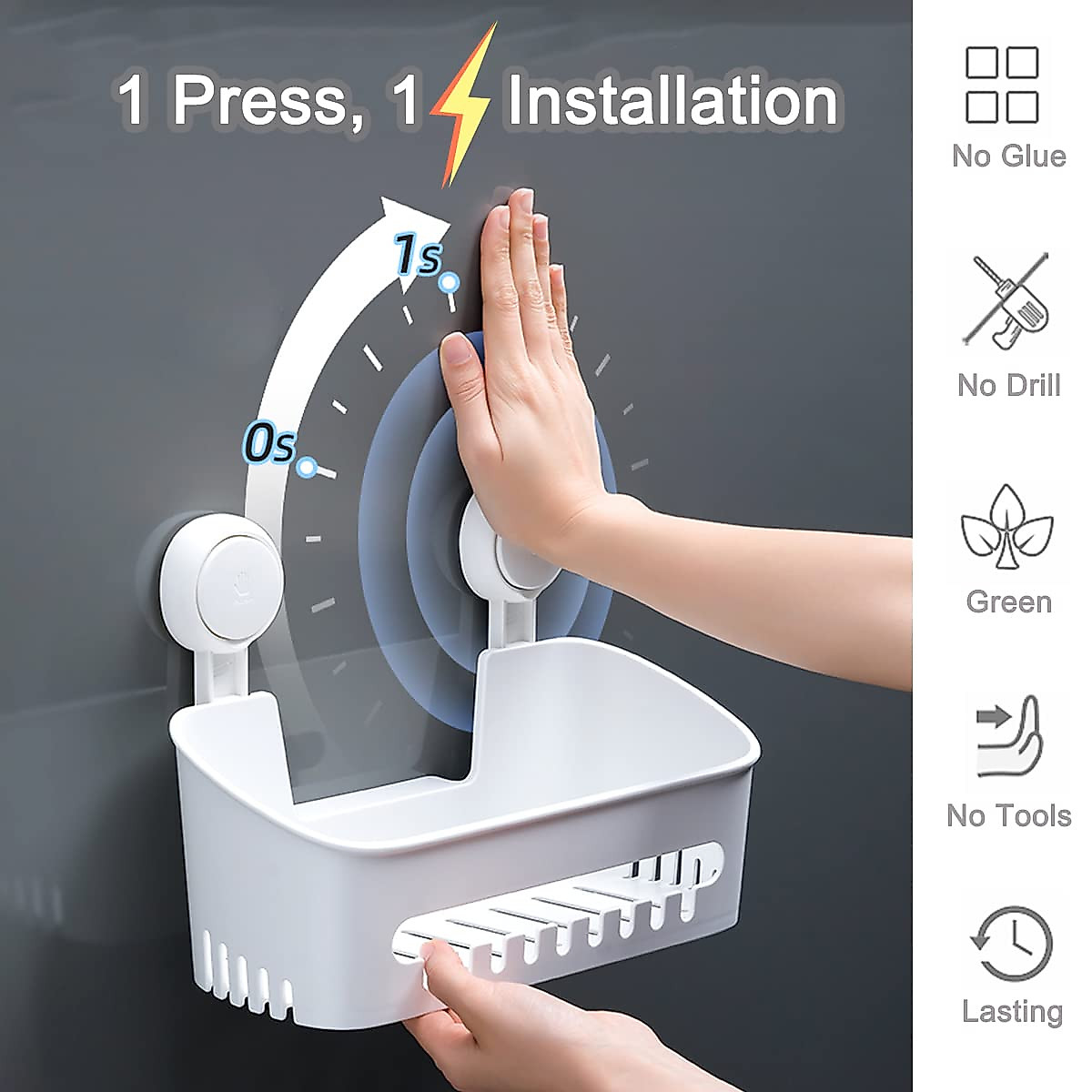 SunHorde Double Plastic Shower Caddy Suction Cup Shower Organizer Basket Bath Shelf, Strong Suction Power Bathroom Caddies with Fence Hooks, Kitchen Rack, Waterproof, Reusable, for Shampoo, Gel