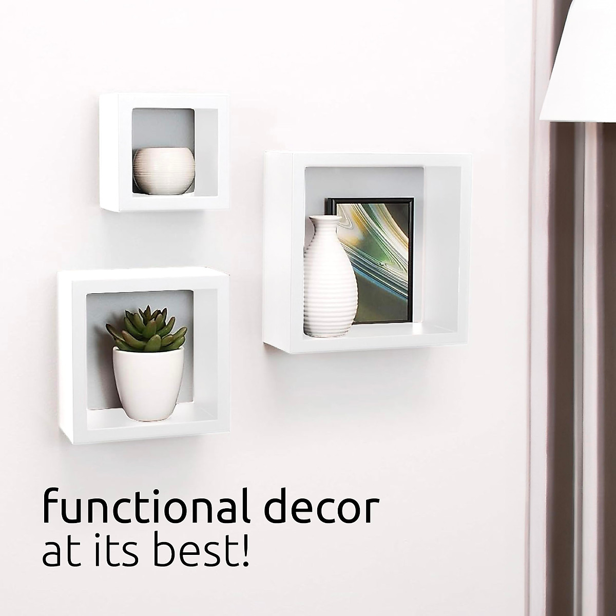 Kiera Grace Cubes, Set of 3, 9 x 9 inches, White Square Cubic Decorative Floating Shelves for Wall, 9.5 x 9.5 inches