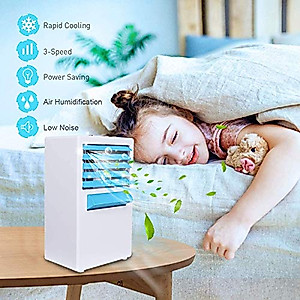 Personal Air Cooler - Evaporative Mini Air Conditioner with Icebox, 4-in-1 Portable Table Fan with 3 Fan Speeds, Quiet Mini Air Conditioner for Home & Office, Air Humidifier, AC Adapter Included