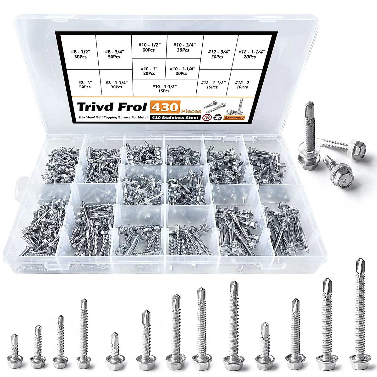Trivd Frol 410 Stainless Steel Self Tapping TEK Screws Assortment,430 pcs #8#10#12 Hex Head Self Drilling Screws for Metal, Length 1/2" to 2"