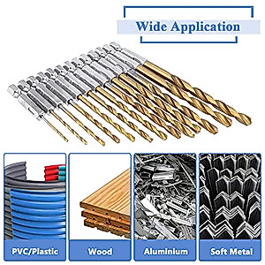 Mesee 13 Pieces Titanium Coated HSS Twist Drill Bit Set, Hex Shank High Speed Steel Drill Bits 1.5mm-6.5mm Quick Change Woodworking Drilling Tool