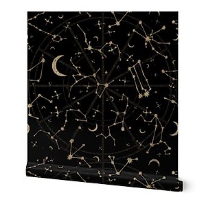 Removable Wallpaper Swatch - Mustard Zodiac Constellations Stars Moon Gender Galaxy Celestial Custom Pre-Pasted Wallpaper by Spoonflower