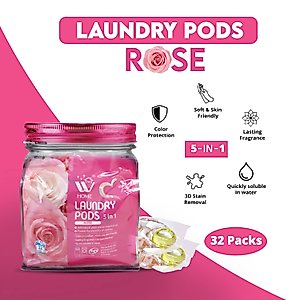 Natural Solution 5-in-1 Laundry Pods, Total 96 Count, Ultra Concentrate with Powerful Stain Lifter Technology, Fabric Softener With Rose Extracts, Detergent Pods, 32 Count/Each (Pack of 3)