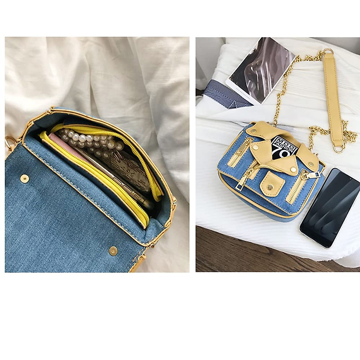 Cawmixy Women Motorcycle Shoulder Crossbody Bags Chain Jacket Bags Messenger Bag Leather Handbags for Girls Purse (Deep Blue)