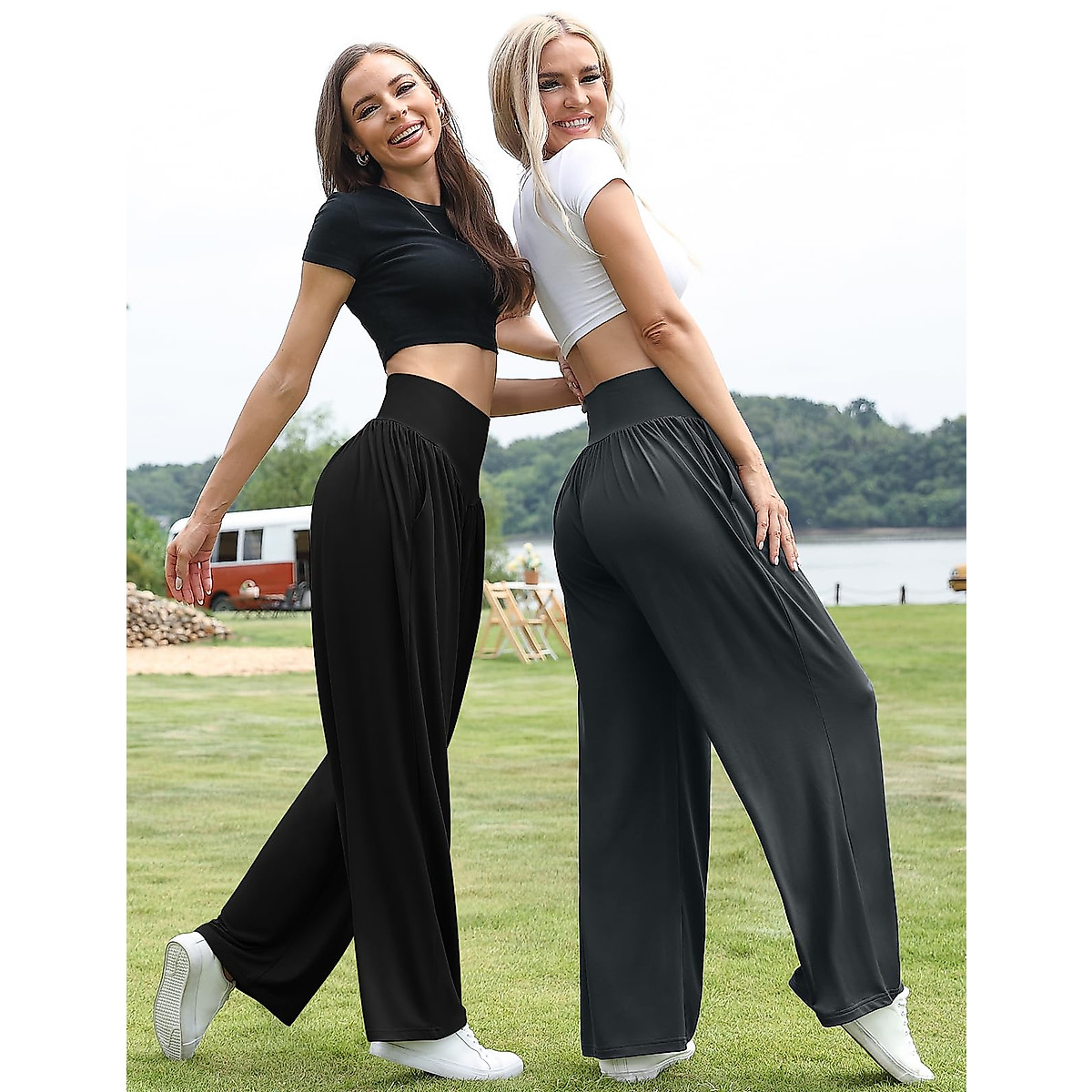 UEU Womens Wide Leg Pants Casual Loose Yoga Lounge Elastic V-Shaped High Waist Palazzo Pants with Pockets, Black, Small