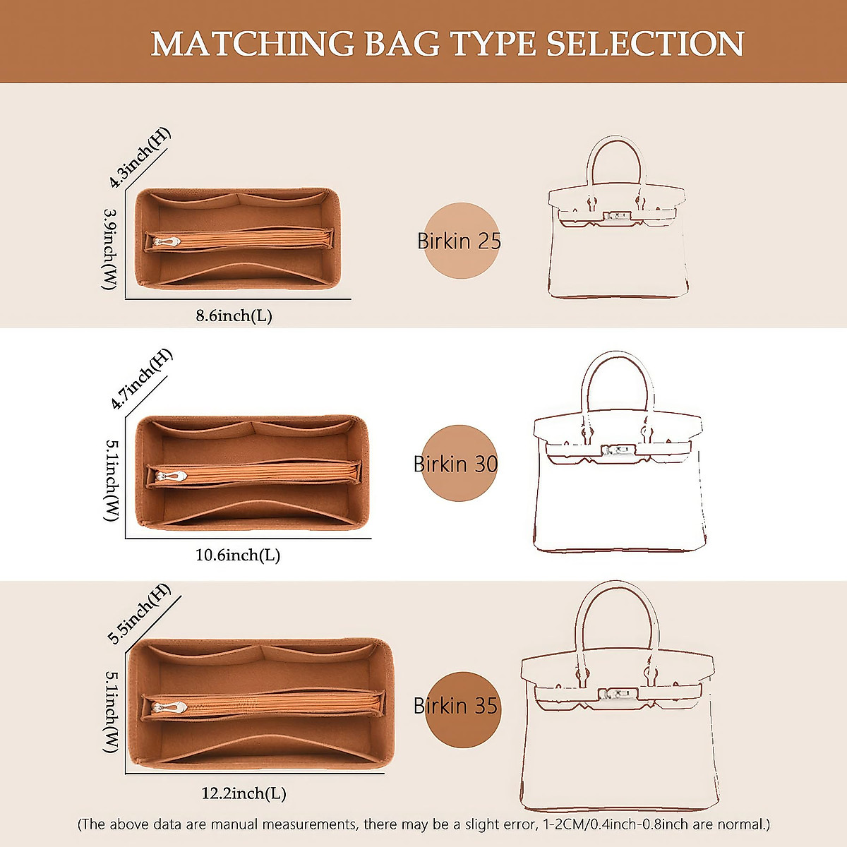 KOPPAL Purse Organizer Insert For Birkin 25 Bag, Felt Insert Organizer With Zipper, Large Capacity,Women’s Handbags Shaper (25,Beige)