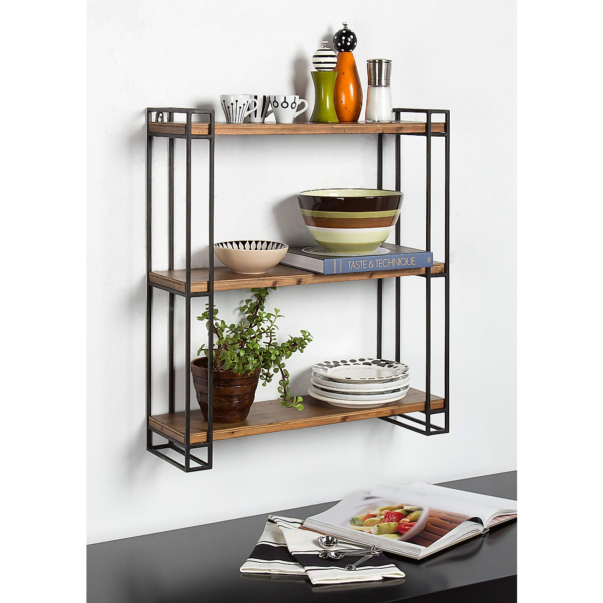 Kate and Laurel Lintz Modern Industrial Solid Wood with Black Metal Frame Floating Wall Shelves, Rustic Brown