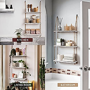 Labcosi 3 Tier Rope Wall Hanging Floating Shelves, Rustic White Wall Shelf, Swing Wood Farmhouse Decor Living Room, Bathroom, Bedroom, and Outdoor