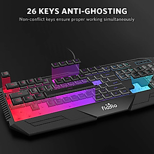 Fiodio Rainbow Wired Gaming Computer Keyboard and Mouse Combo, Ergonomic Keyboards with Wrist Rest, 104 Multimedia Keys, 1600 DPI Gamer Mouse for Windows PC and Desktop
