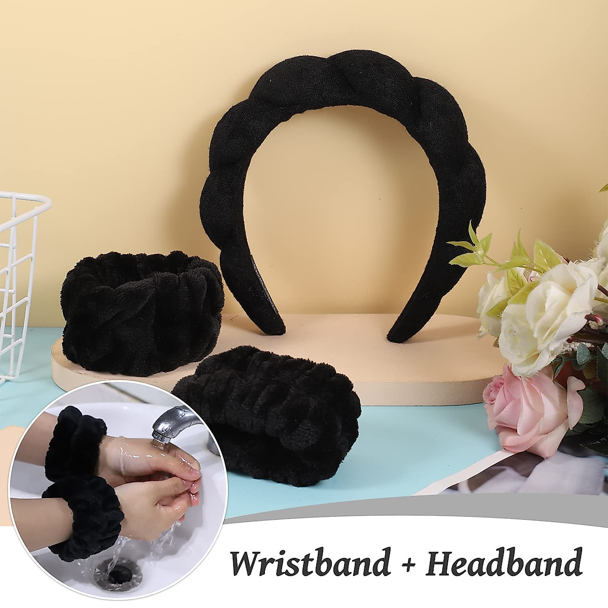 Sponge Spa Headband for Women, Black Makeup Headband and Wrist Washband Set for Face Washing, Skincare, Shower, Makeup Removal