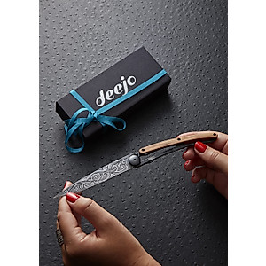 deejo - Serrated 1.3 OZ, Olive Wood, Black Titanium, Pacific - Ultra-Light Pocket Folding Knife with a Belt Clip - Stainless Steel Z40C13