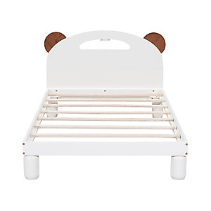 Rhomtree Twin Bed Frame with Bear Ears Shaped Headboard and LED,Wood Twin Size Platform Bed Frames with Headboard for Boy Girl Kids,No Box Spring Needed(White, Twin)
