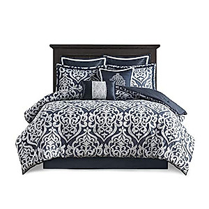Madison Park Odette Cozy Comforter Set Jacquard Damask Medallion Design - Modern All Season, Down Alternative Bedding, Shams, Decorative Pillows, King(104 in x 92 in), Navy 8 Piece