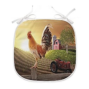Lunarable Country Chair Pad Set of 6, Farm Barn Yard Image Rooster Animal Early Bird Nature and Rising Sun Print, Water Resistant Pillow with Ties Dining Room Kitchen, 15" x 15", Pale Brown Red