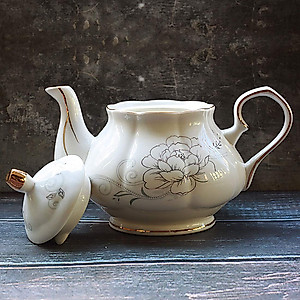 Jomop Ceramic Tea pot Floral Design White 855ml About 4 Cups (Gold)