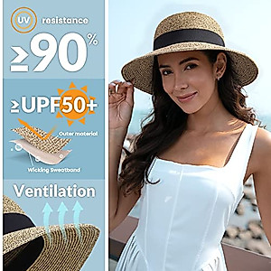 Verabella Sun Hat Womens Wide Brimed Floppy Hat Women's Hats UPF 50+ Foldable/Packable Straw Sun Beach Hat Pool Hat Straw Hat Women for Vacation, Beige/Coffee