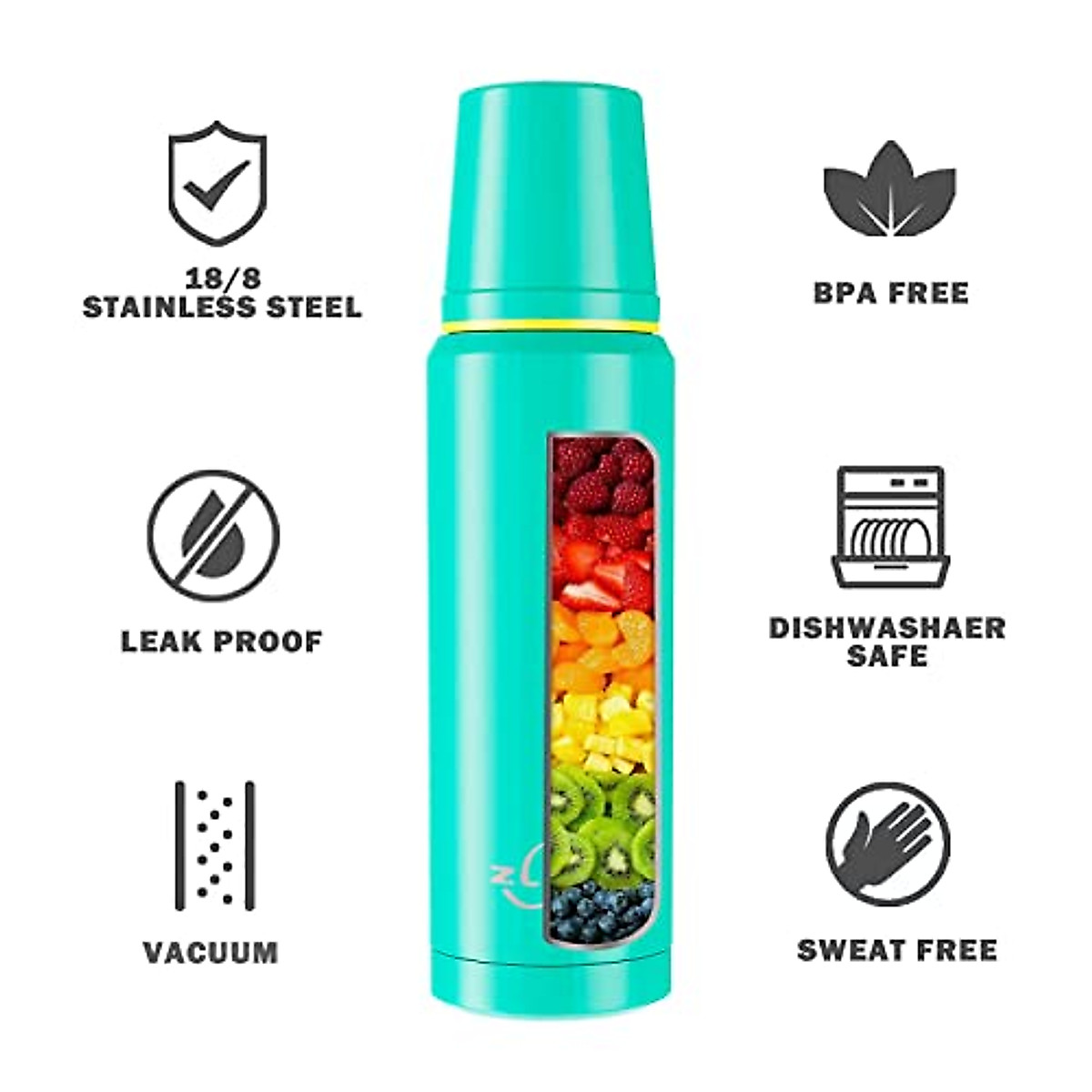ZLINS Stainless Steel Sports Water Bottle 18oz Vacuum Insulated - Double Wall Hot Cold Thermos Wide Mouth Flask - Leak-Proof TRAVEL MUG for Coffee, Tea, Carbonated Drinks BPA Free(Green)