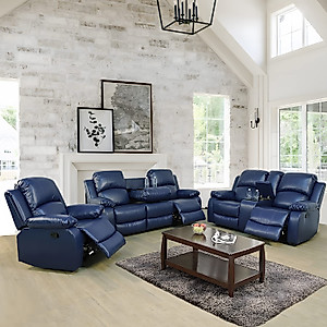 Ocstta Manual Leather Recliner Sofa Set for Living Room Furniture Set,Leather Recliner Couch Set for Home/Office,Leather Couch Set for 3-Pieces(Sofa+Loveseat+Chair) Blue