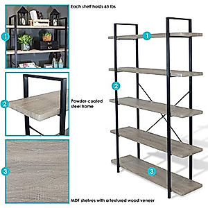 Sunnydaze 5-Tier Bookshelf - Industrial Style with Freestanding Open Shelves with Veneer Finish - Holds Books, Media, Storage Cubes, DVDs and More - Oak Gray