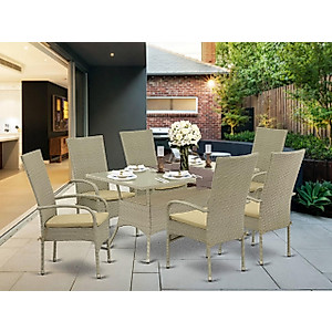 East West Furniture OSOS7-03A Oslo 7 Piece Patio Furniture Wicker Outdoor Set Consist of a Rectangle Dining Table with Glass Top and 6 Balcony Armchair with Cushion, 36x60 Inch