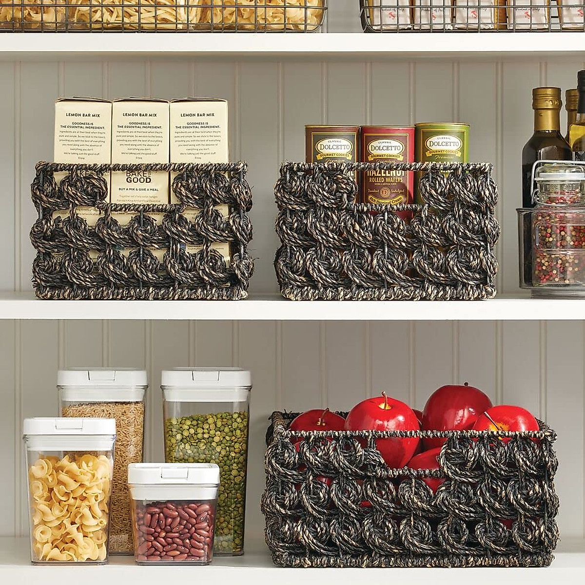 mDesign Seagrass Woven Rectangular Storage Basket Bin with Handles, Rectangle Weave Seagrass Storage Baskets for Shelves, Cubbies, Home, Hold Hand Towels, Food, Snacks, Appliances, 6 Pack, Black Wash
