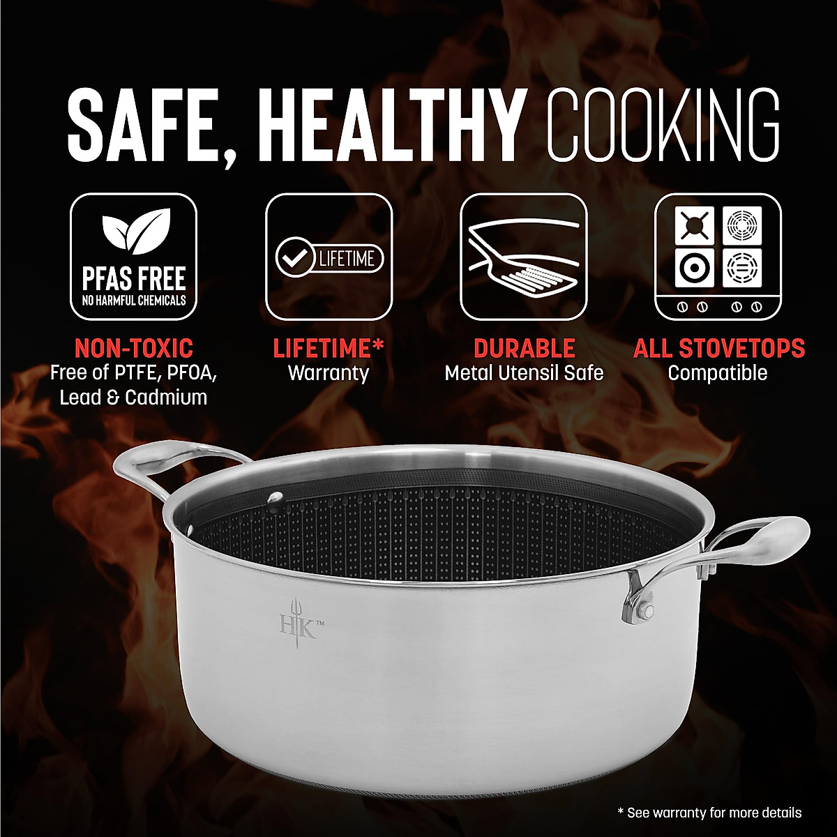 Hell's Kitchen Hybrid 7.5 Qt Pot and lid, Tri-Clad Stainless Steel and Nonstick Ceramic, PFAS Free, no PFOA, PTFE, or Teflon, Non Toxic Cookware, Metal Utensil Safe, All Cooktops and Oven Safe
