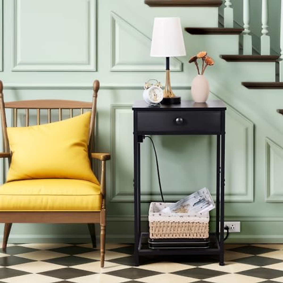 AMHANCIBLE Tall Night Stand, Nightstands Set of 2 with Charging Station, End Side Tables with Fabric Drawer and Shelf, Telephone Table for Living Room, Small Spaces, Black HETT03BK