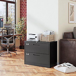 RAVIGIN 2 Drawer File Cabinet with Lock,Lateral Metal Black Filing Cabinets for Home Office 36" Wide Hanging Letter/Legal/F4/A4 Size (Require Assembly)