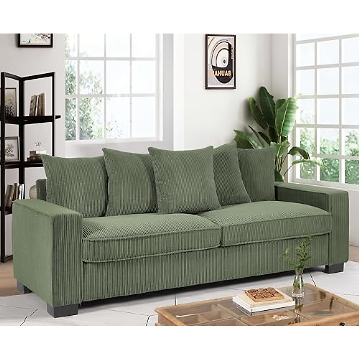 US Pride Furniture Luxe Living Room Sofa with 5 Complementary Toss Pillows, Soft Corduroy Upholstery, Streamlined Design, Ample and Cozy 3 Seater Couch for Modern Spaces, 88" Wide, Dark Green