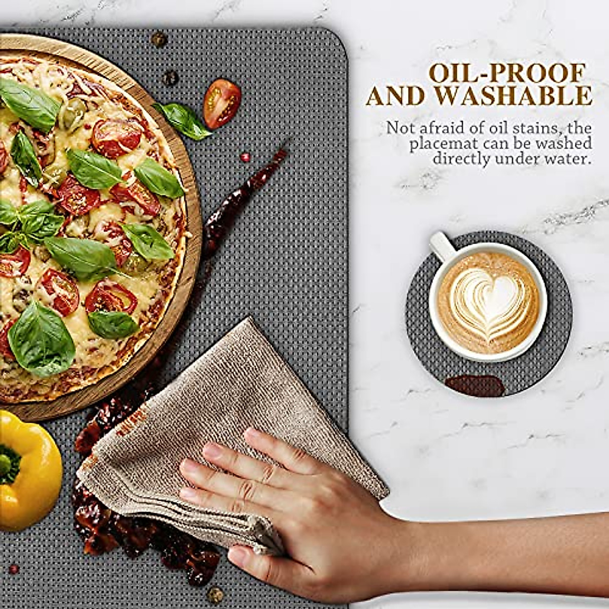 Placemats Set of 6, Placemat with Coasters Heat Stain Scratch Resistant Non-Slip Waterproof Oil-Proof Washable Wipeable Outdoor Indoor for Dining Patio Table Kitchen Decor and Kids，（Grey 6）