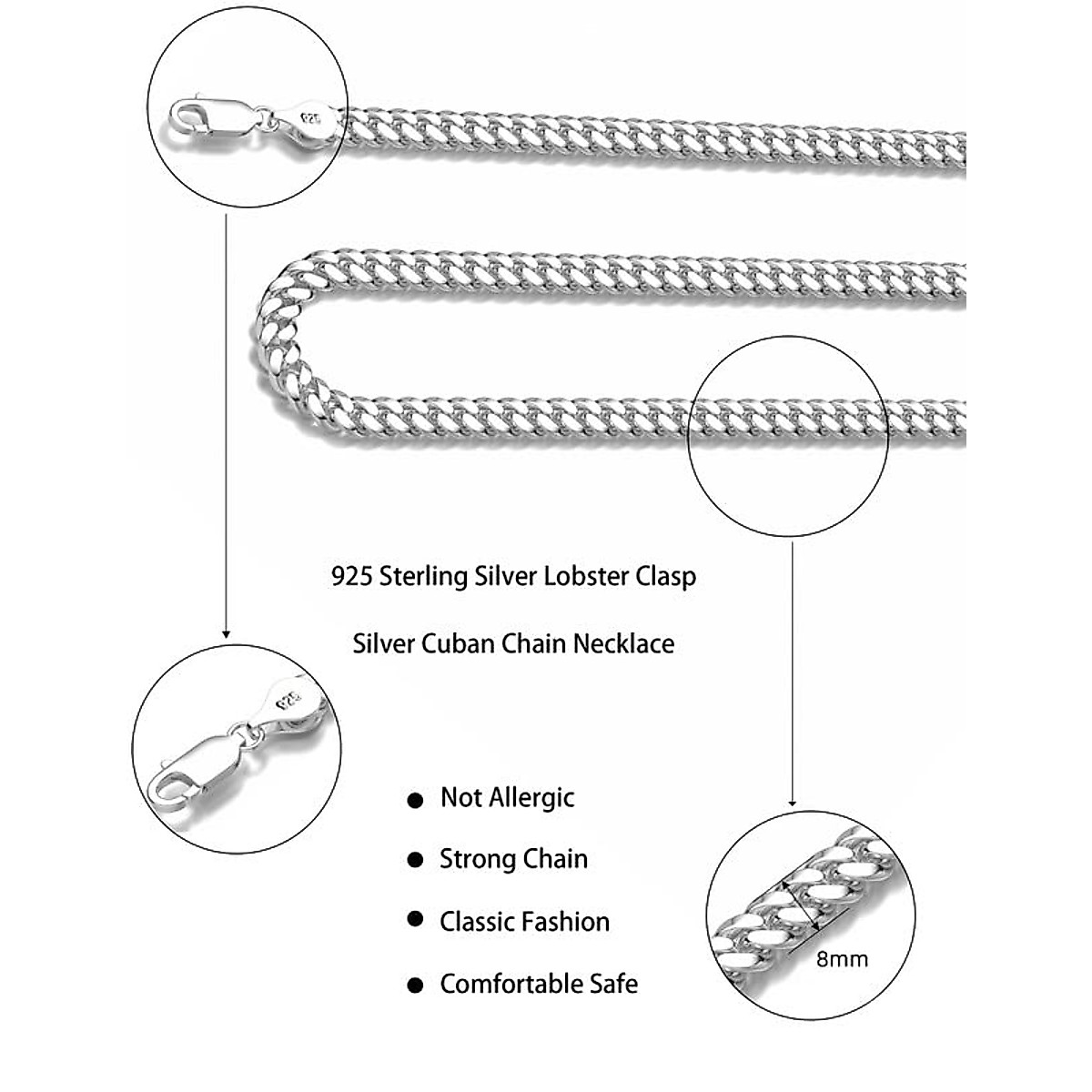 Waitsoul 925 Sterling Silver Cuban Chain Lobster Clasp 8mm Silver Cuban Link Curb Chain Necklace for Men Women Diamond Cut 20 Inches