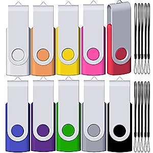 2GB USB Flash Drive 10 Pack FEWINA Multipack USB Drive 2 GB Memory Stick Bulk 2 Gig Jump Drives, Zip Drive PenDrive for Data Storage (Multi-Color with 10 Lanyards)