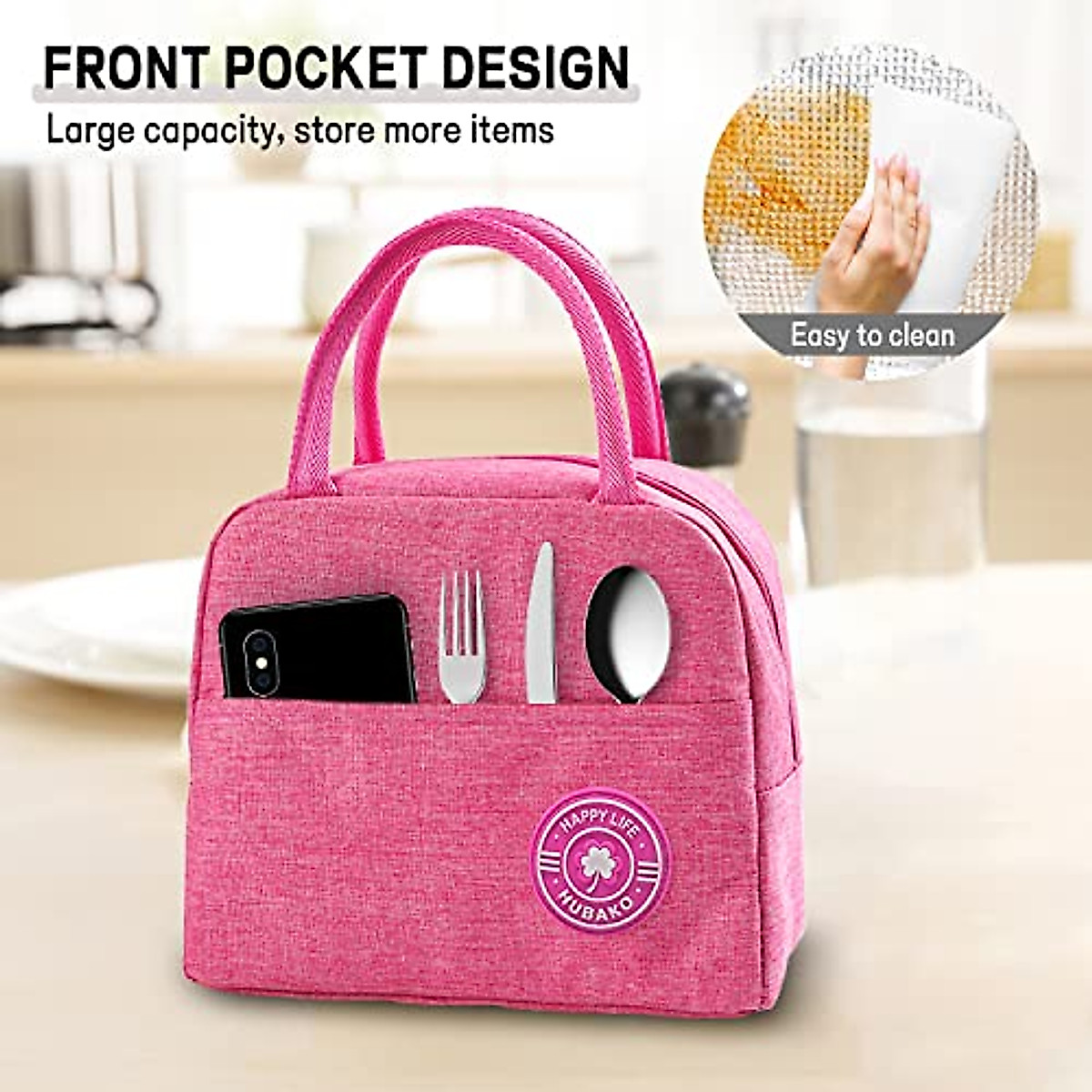 HUBAKO Small Portable Cute Lunch Bag for Kids, Mini Insulated Children Lunch Box Reusable Student Lunch Tote Bag with Front Pocket for Boys Girls, Durable LunchBag for School Picnic Office Work,Pink