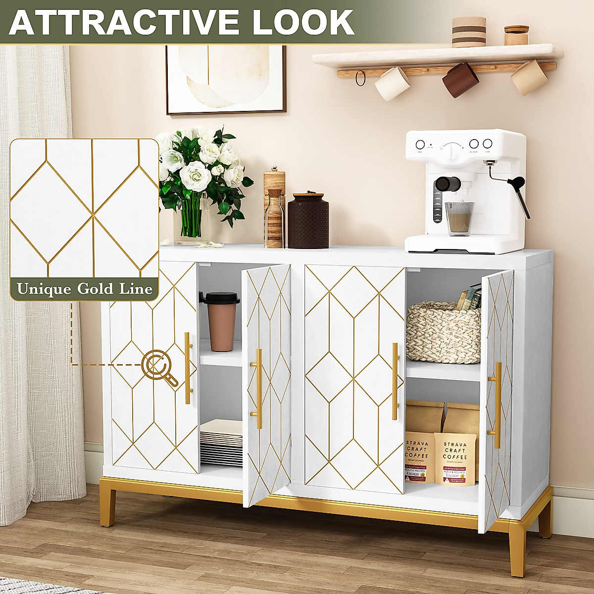HLR Accent Cabinet with 4 Doors and Shelves, Sideboard Buffet Cabinet with Gold Lines, Modern Credenza Storage Decorative Cabinet for Living Room, Entryway, Kitchen, Dining Room, White