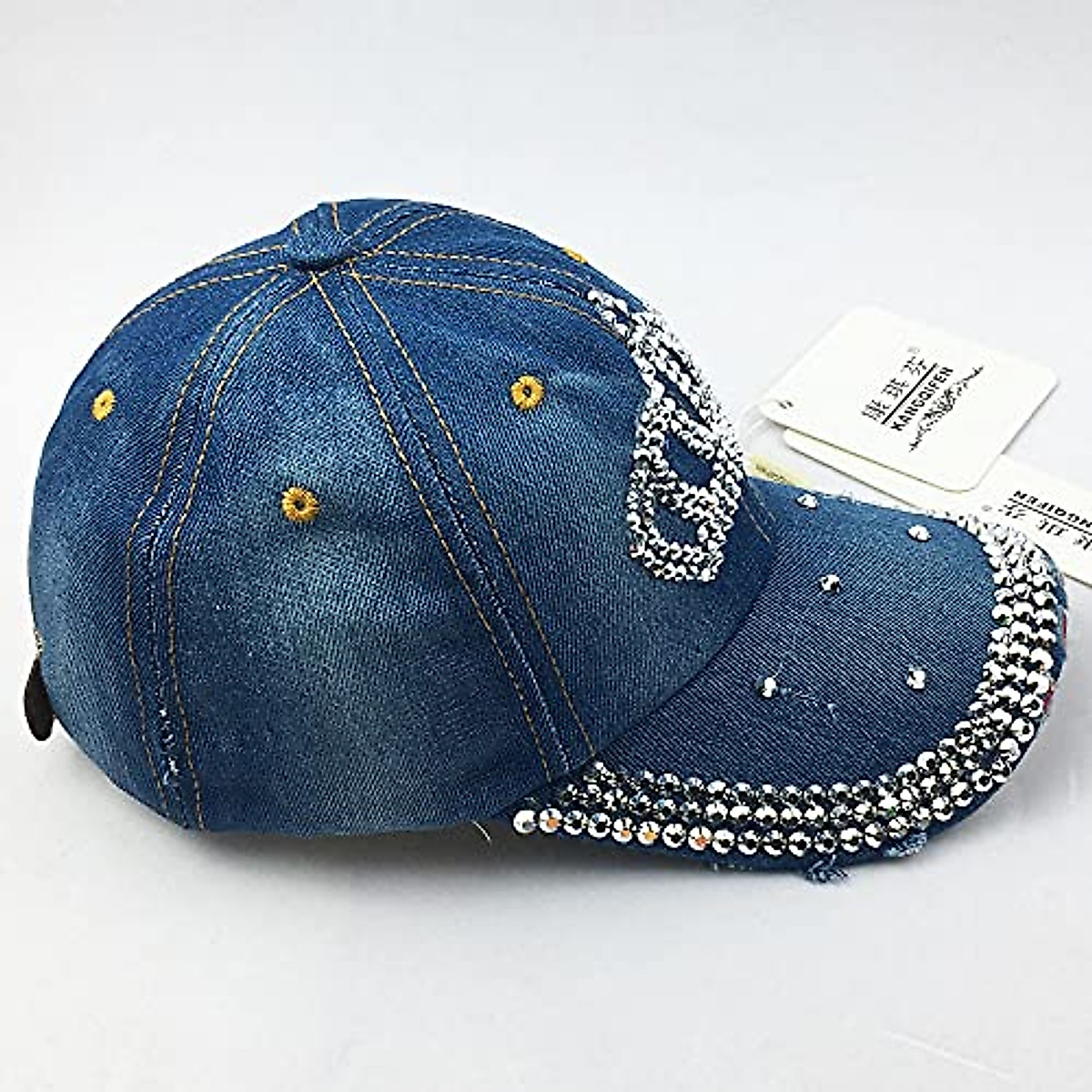 Kangqifen Women Rhinestone Pattern Distressed Denim Baseball Cap Sparkle Bling Hat Adjustable Crown