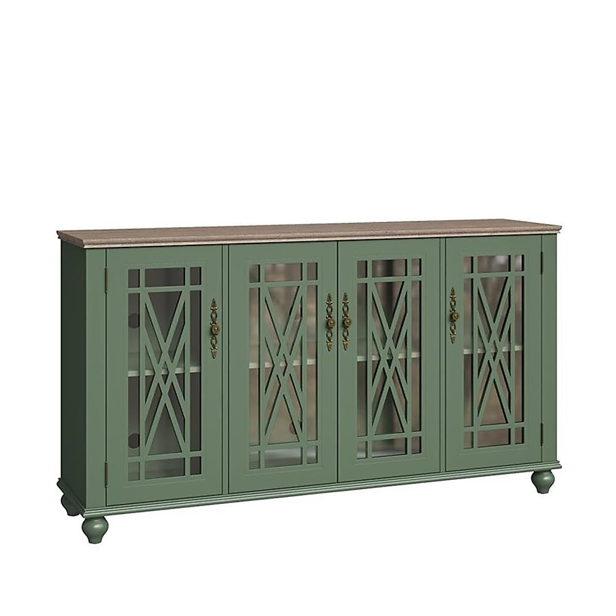 Liviland 63" Farmhouse Engineered Wood Kitchen Accent Buffet Sideboard Cabinet with 4 Glass Paneled Doors, Adjustable Shelves, Assembly Required, for Kitchen/Dining Room/Living Room/Entryway, in Green