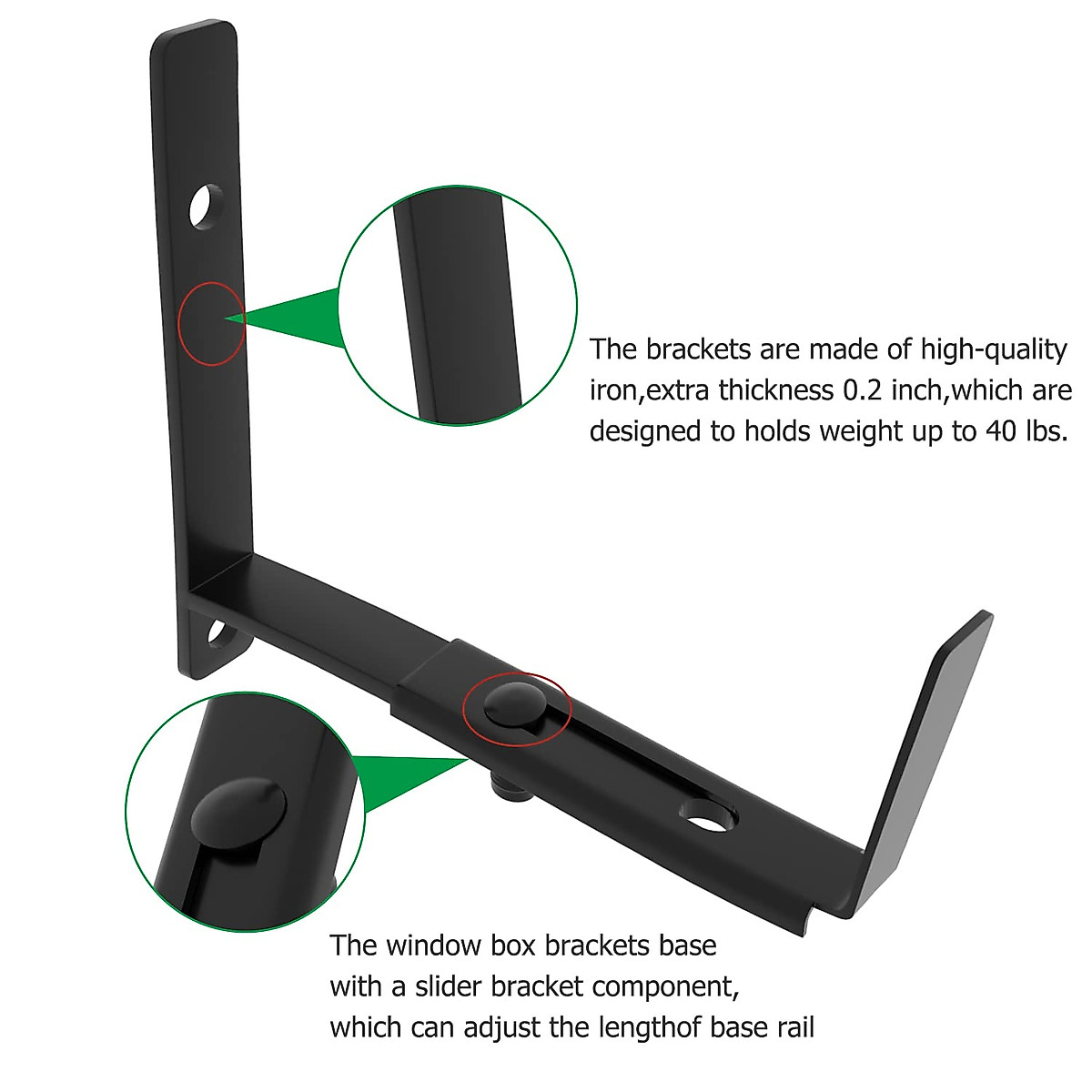 Adjustable Window Planter Box Brackets (6 to 12.5 in),Heavy Duty Wall Mount Holder for Windowsills,4 Packs Outdoor Hanging Brackets,Black