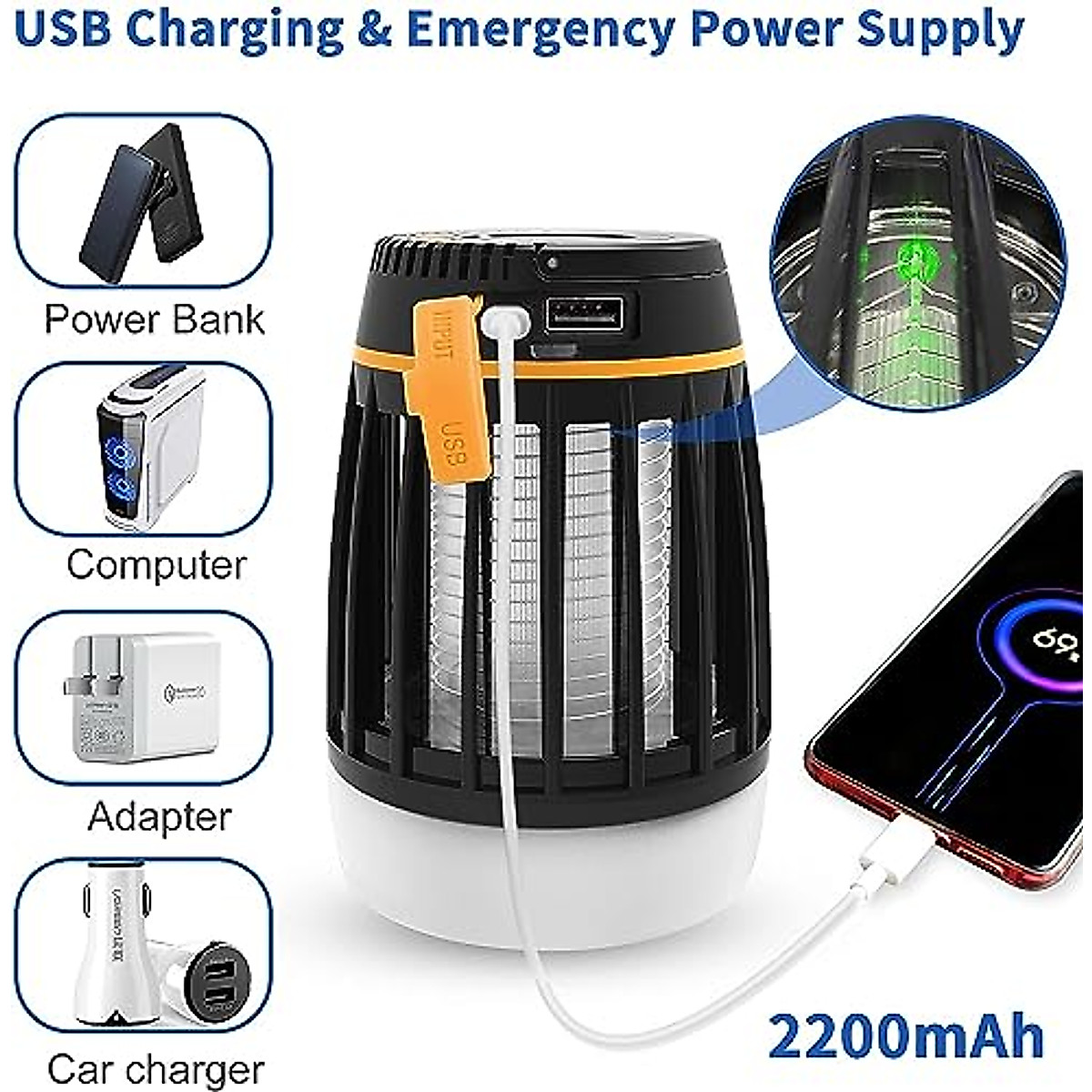3 in 1 Bug Zapper, USB Rechargeable Mosquito Trap, Waterproof Insect Fly Trap for Outdoor & Indoor,LED Lantern, Emergency Power Supply 2000mAh for Home, Camping, Gnats, Backyard, Patio