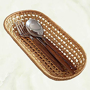 Cabilock Autumn Rattan Flatware Tray Basket Kitchen Cutlery Holder Stand Handmade Knitting Plate-basket Tableware Organizer Khaki (Size L 12 cm)